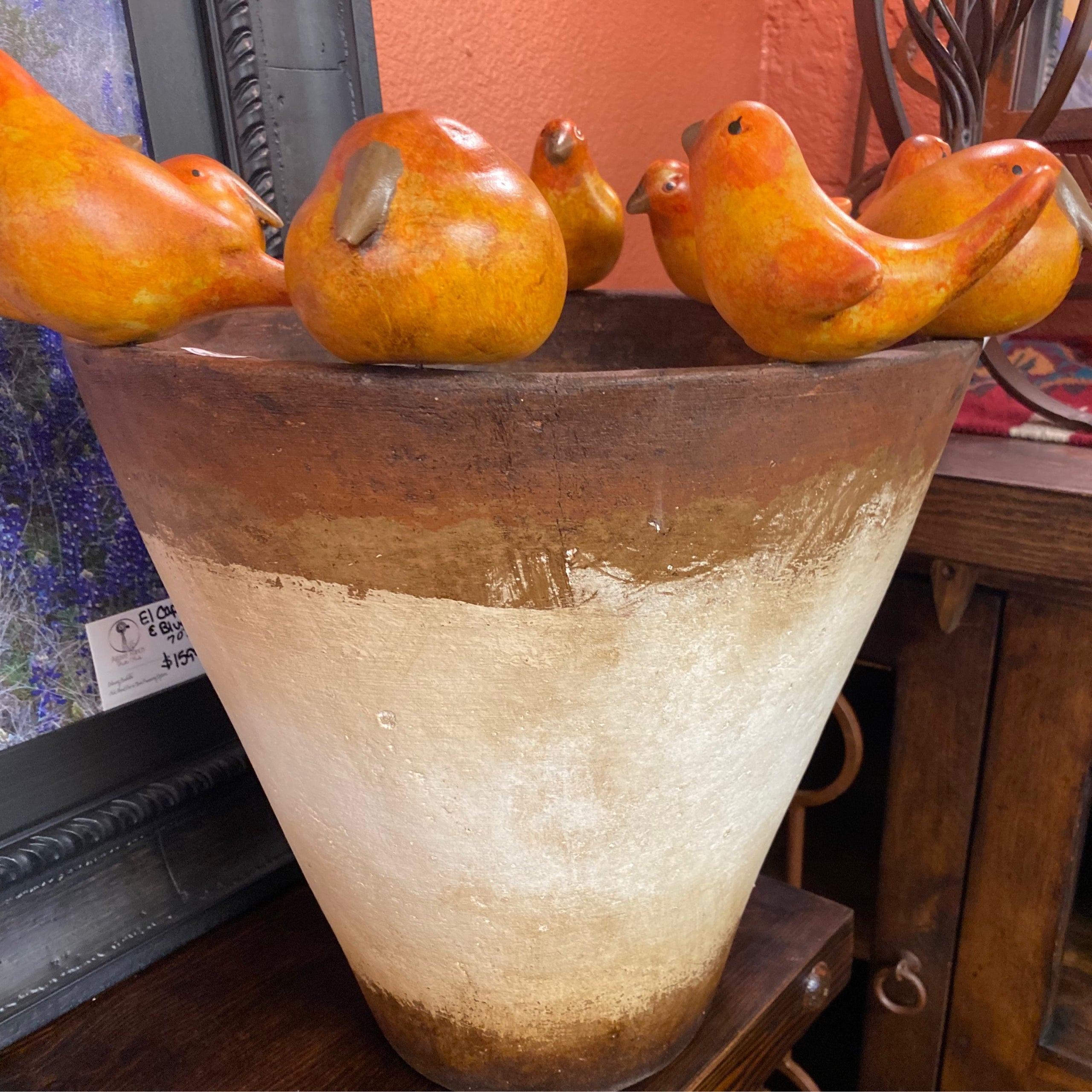 Skinny Tall Bird Pot w/ Orange Birds | Agave Ranch